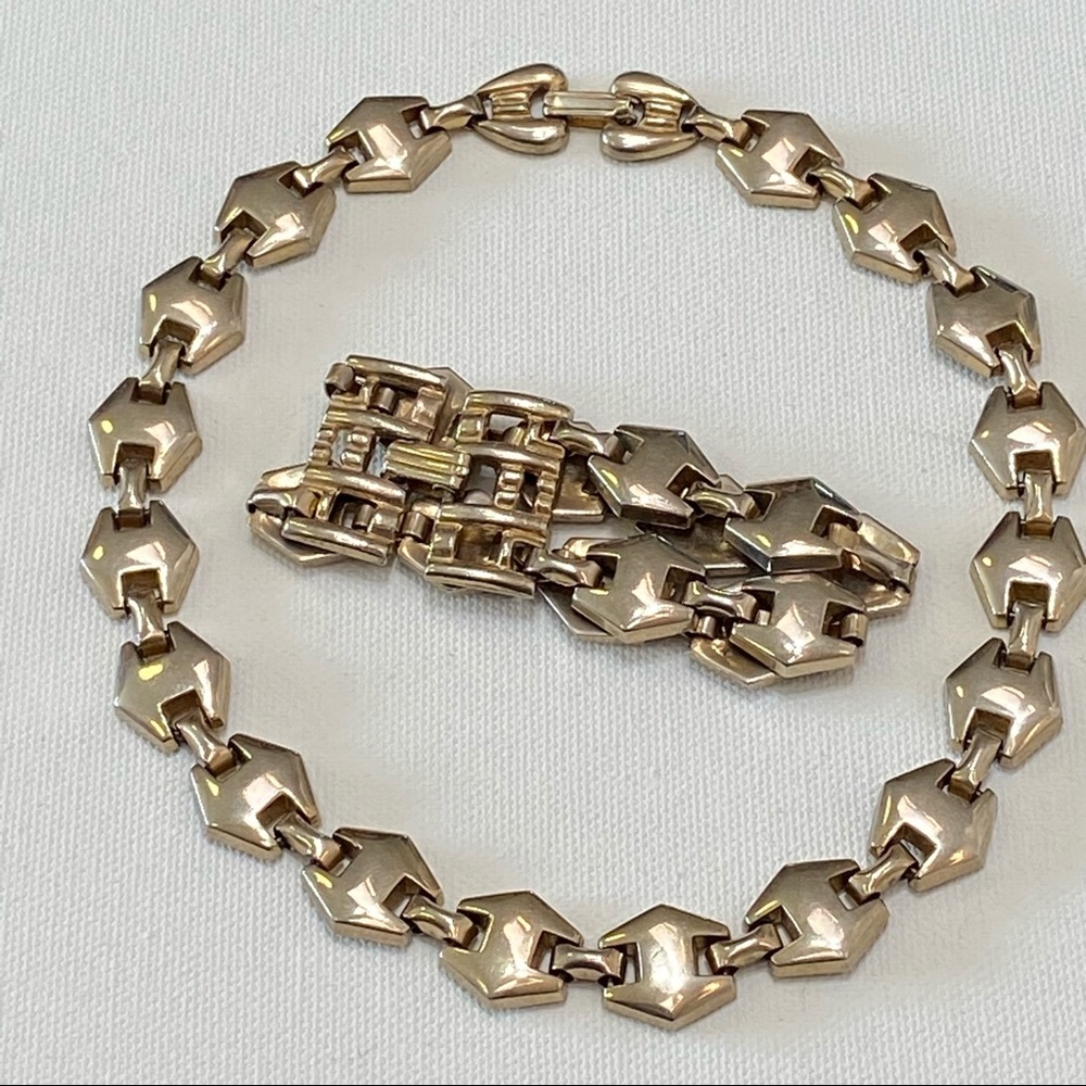 Vintage Hexagon Metal Link Necklace And Double Bracel… - Gem